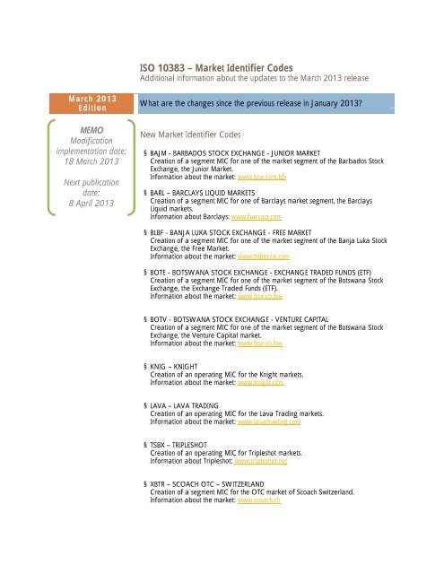 ISO 10383 – Market Identifier Codes - ISO 15022