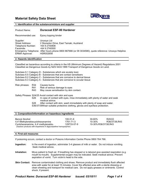 MSDS Hardener - Uroxsys Ltd