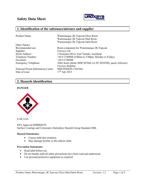MSDS Resin - Uroxsys Ltd