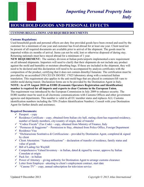 Importing Personal Property Into Italy - Atlas International