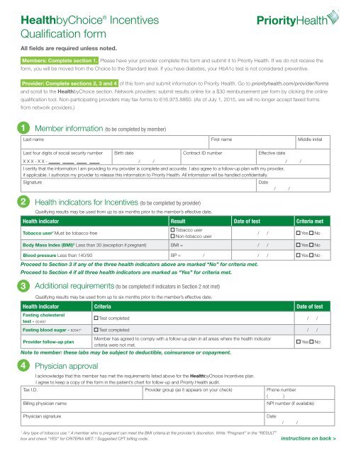 HbC Incentives form - Priority Health