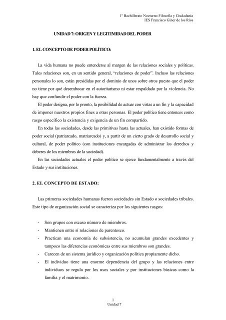 Unidad 7 Origen y legitimidad del poder - Nocturno Giner