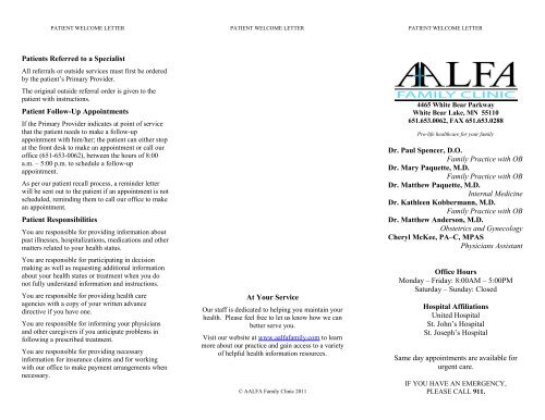 PATIENT WELCOME LETTER PA