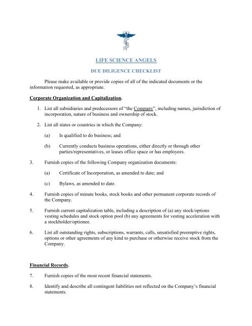 LSA Due Diligence - Life Science Angels