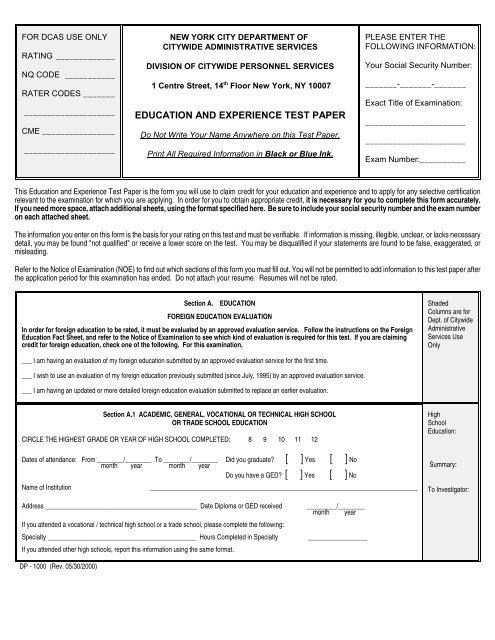 Education and Experience Test Paper - Osaunion.org
