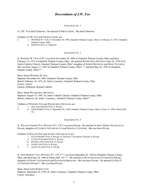 J. W. Fox Family Tree - Birkemeyer & Heckman Family History Site