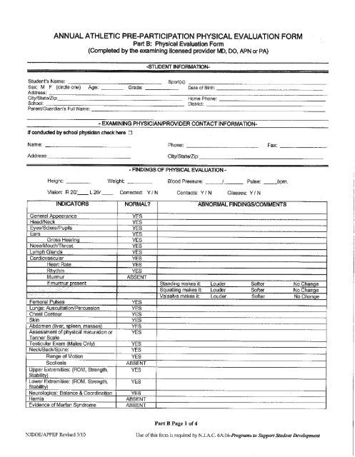 Pre-Participation Physical Examination Form - Part B Pre-Participation Physical Examination Form - Part B