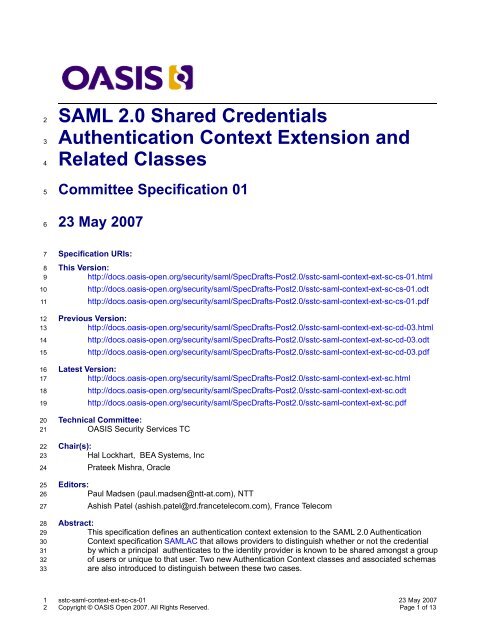 SAML 2.0 Shared Credentials Authentication Context Extension and ...