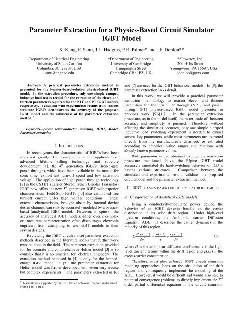 Parameter Extraction For A Physics Based Circuit Simulator Igbt
