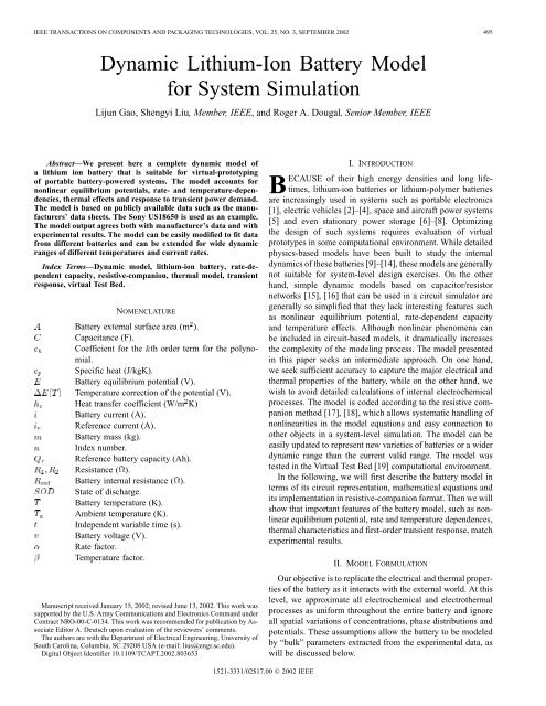 Dynamic lithium-ion battery model for system simulation ... - ELE/ITA