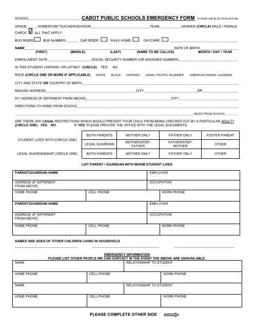 Emergency Form - Cabot Public Schools