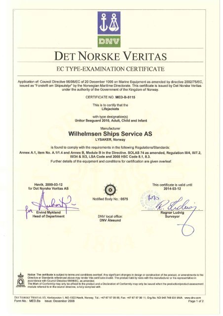 764837 Unitor Seaguard Lifejacket MED Approval ... - Wilhelmsen