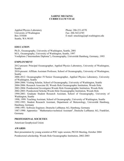Sabine Mecking's CV - Applied Physics Laboratory-University of ...
