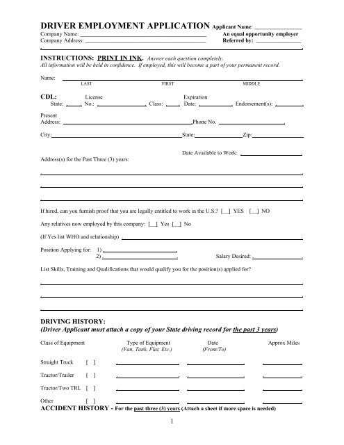 DRIVER EMPLOYMENT APPLICATION Applicant Name