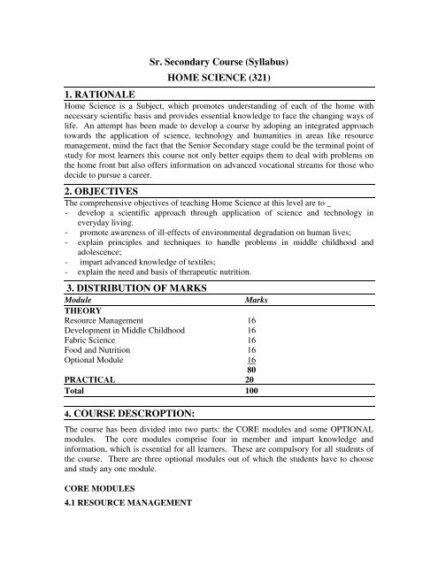 Sr. Secondary Course (Syllabus) HOME SCIENCE (321) 1 ...