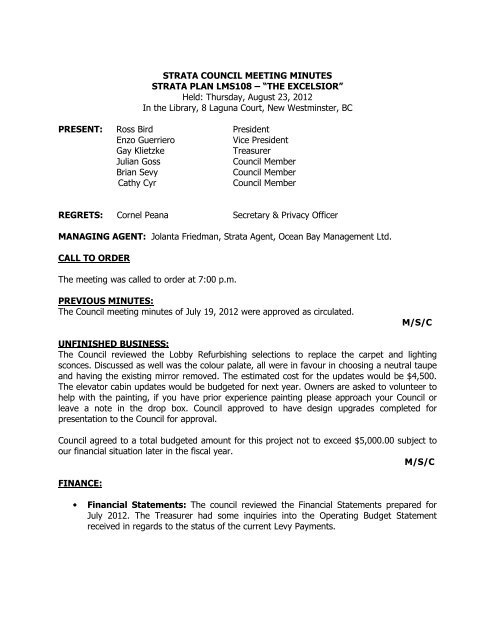 STRATA COUNCIL MEETING MINUTES STRATA PLAN LMS108 ...