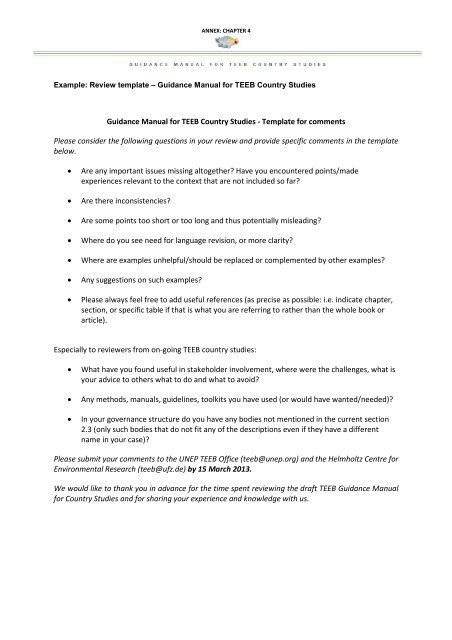 Example: Review Template for comments - TEEB