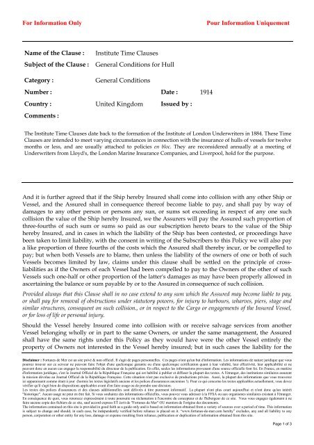 Institute Time Clauses Hulls - Fortunes de mer