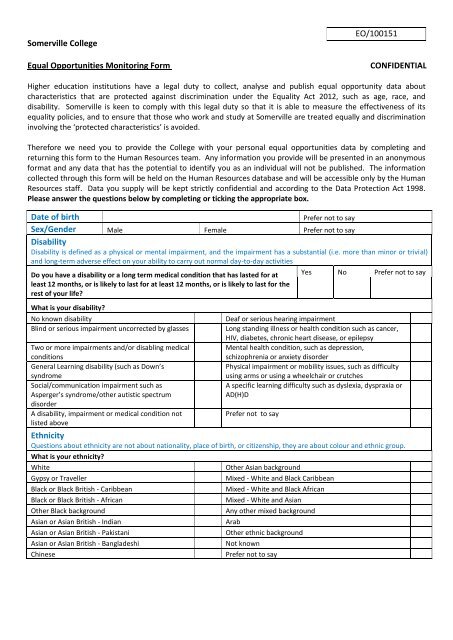 Somerville College Equal Opportunities Monitoring Form ...