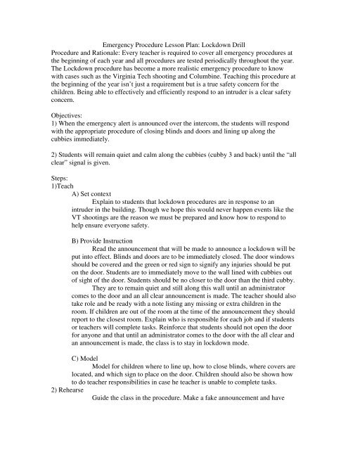 Emergency Procedure Lesson Plan: Lockdown Drill ... - mmfraz - home