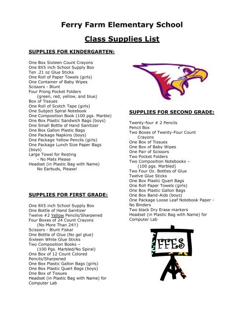 School Supply List - Ferry Farm Elementary