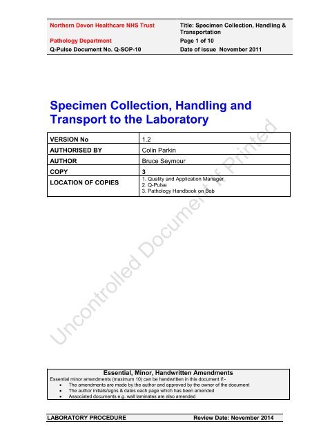 Specimen Collection, Handling and Transport to the Laboratory