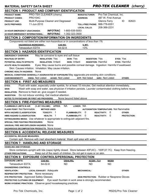 Cherry MSDS - Pro-Tek Cleaner