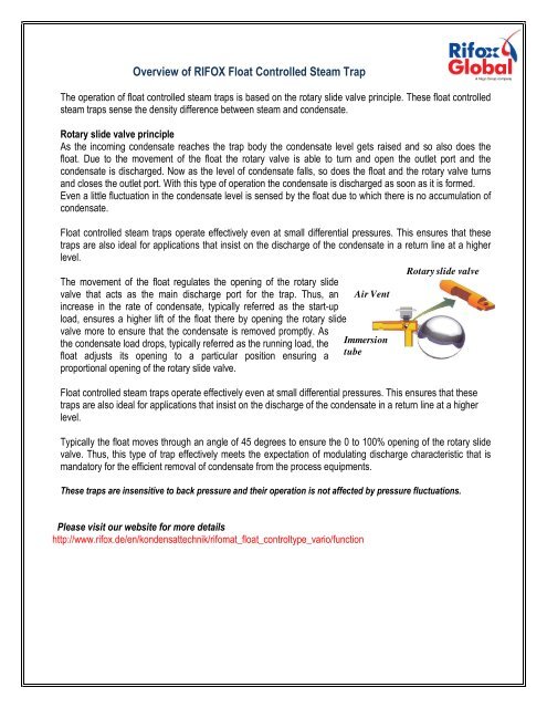 Overview of RIFOX Float Controlled Steam Trap