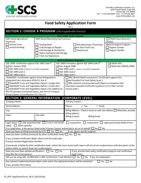 Food Safety Application Form - SCS Global Services