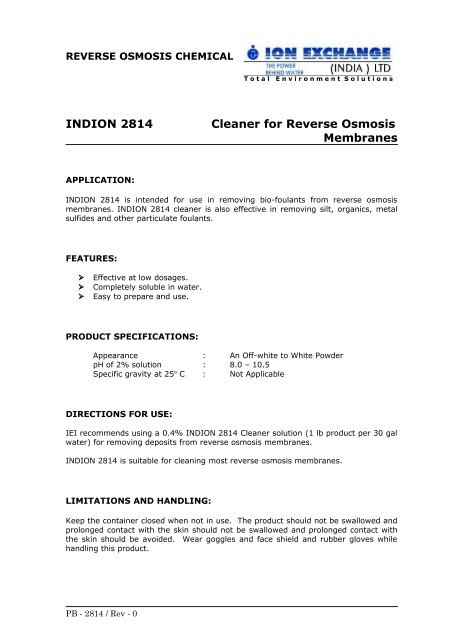INDION 2814 Cleaner for Reverse Osmosis Membranes - PSS ...
