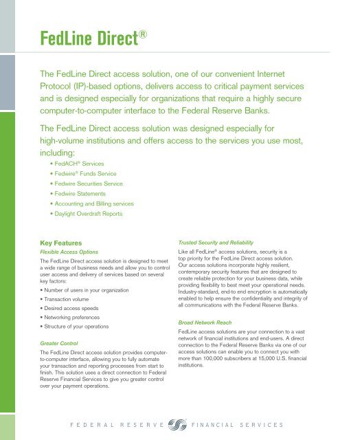 FedLine Direct product sheet - FRBservices.org