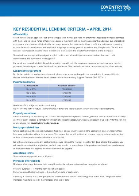 Key residential lending criteria - Coventry Building Society
