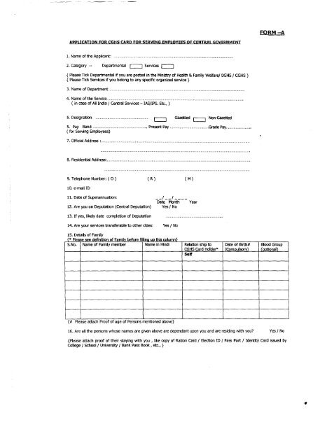 Application for CGHS Card for serving employees of Central ...