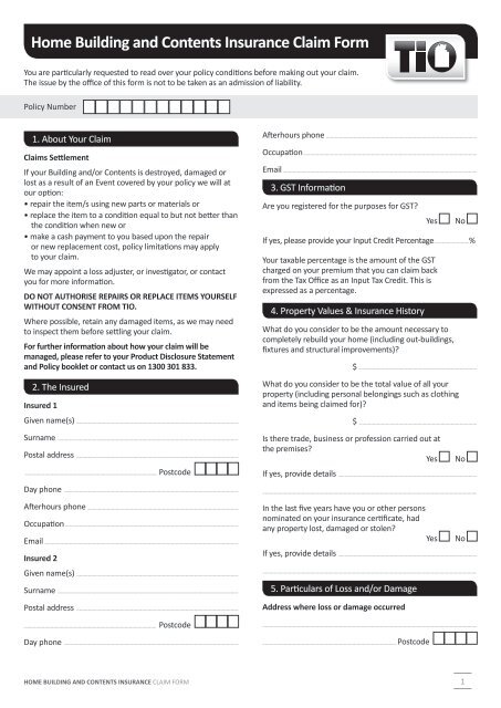 Home Building and Contents Insurance Claim Form - TIO