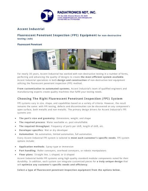 Accent Industrial Fluorescent Penetrant Inspection (FPI) Equipment ...
