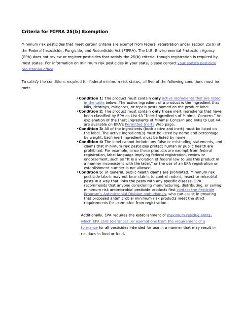 Criteria for FIFRA 25(b) Exemption