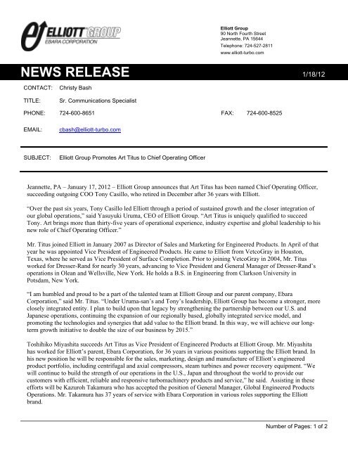 NEWS RELEASE - Elliott Turbomachinery