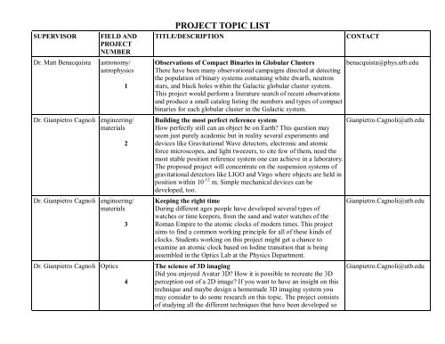 PROJECT TOPIC LIST - UTB/TSC Department of Physics & Astronomy