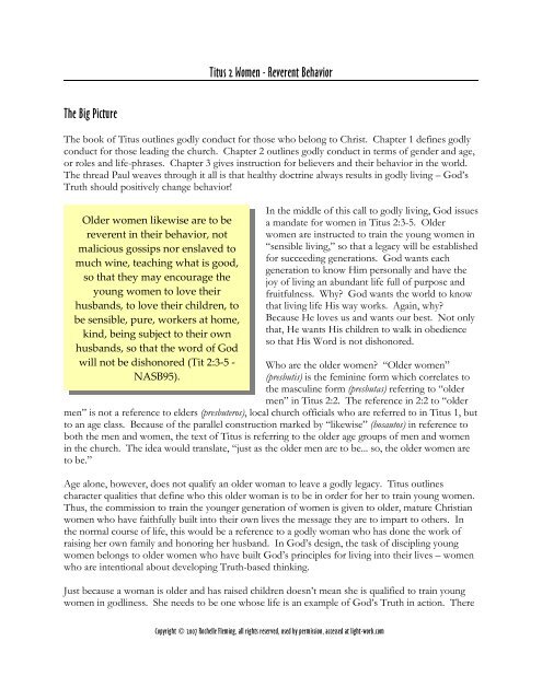 Titus 2 Women - Reverent Behavior The Big Picture - Light-work