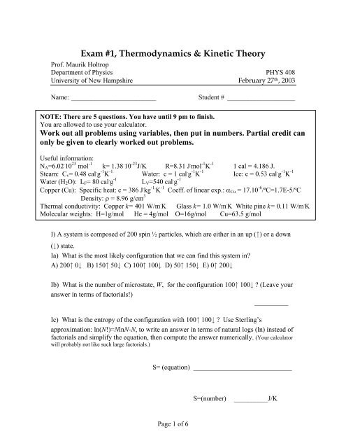 Exam I: Thermodynamics and Kinetic Theory - UNH Nuclear ...