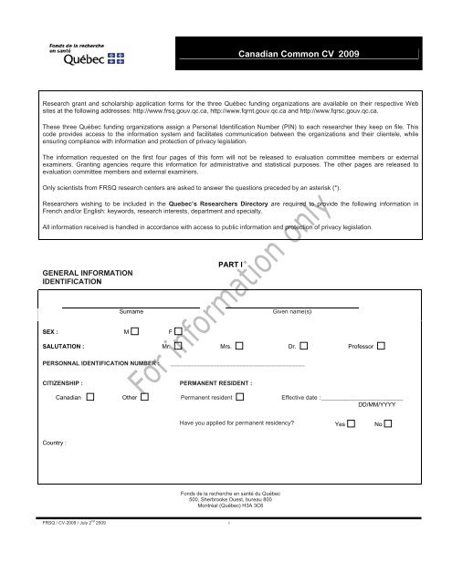 Canadian Common CV 2009 - Fonds de la recherche en santé du ...