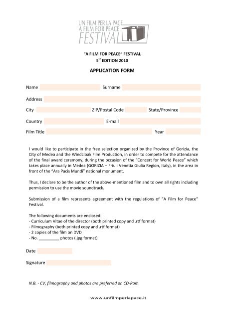 APPLICATION FORM - Festival UN FILM PER LA PACE