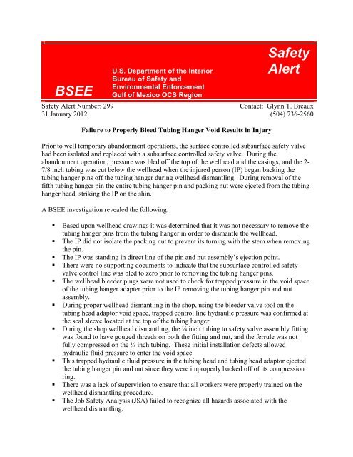 BSEE Safety Alert