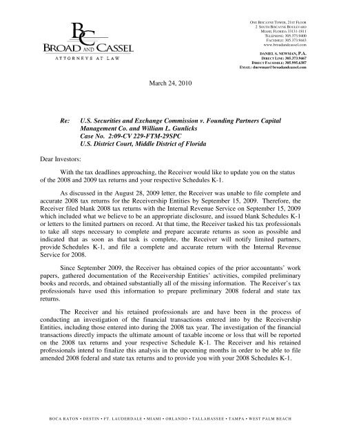 Letter to Investors re Forms K-1 - Foundingpartners-receivership.com