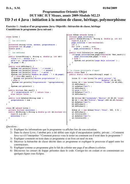 TD 3 et 4 Java : initiation à la notion de classe, héritage ...