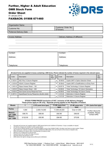 Further, Higher & Adult Education OMR Stock Form Order ... - DRS