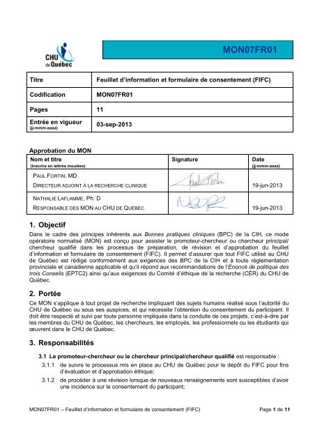 Feuillet d'information et formulaire de consentement - CHUQ