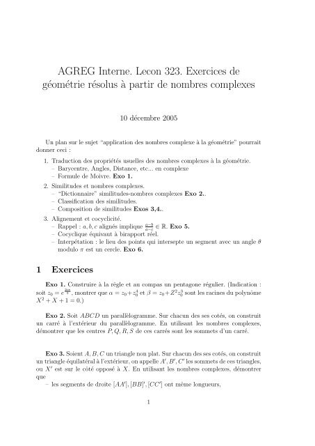 AGREG Interne. Lecon 323. Exercices de gÃ©omÃ©trie rÃ©solus `a partir ...