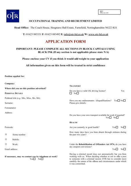 APPLICATION FORM - OTR Ltd