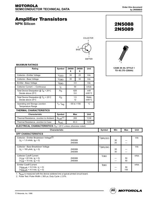 Amplifier Transistors 2N5088 2N5089